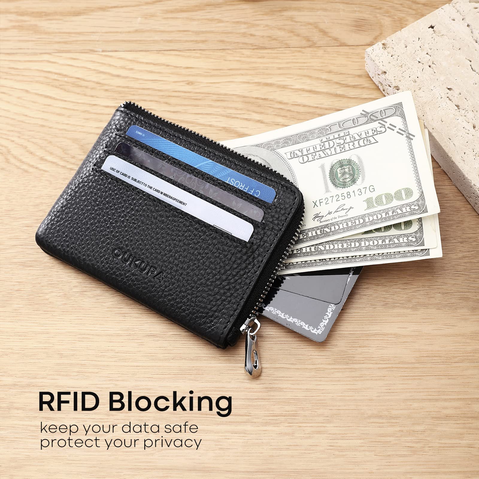 AOLUC Top Grain Genuine Leather Small Slim Mini Change Wallets for Women RFID Blocking Pocket Zipper Wallet Ladies Card Case Coin Purse with ID Window