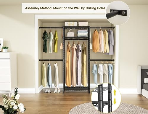 Ulif M3 Clothes Rack Closet Organizer and Storage System 3 Tiers Built-in Wall Mounted Heavy Duty Garment Rack with 4 Expandable Hanger Rods, Fits Space 4.3-9.3 ft, 72.2"H, Load Capacity 710LBS, Black