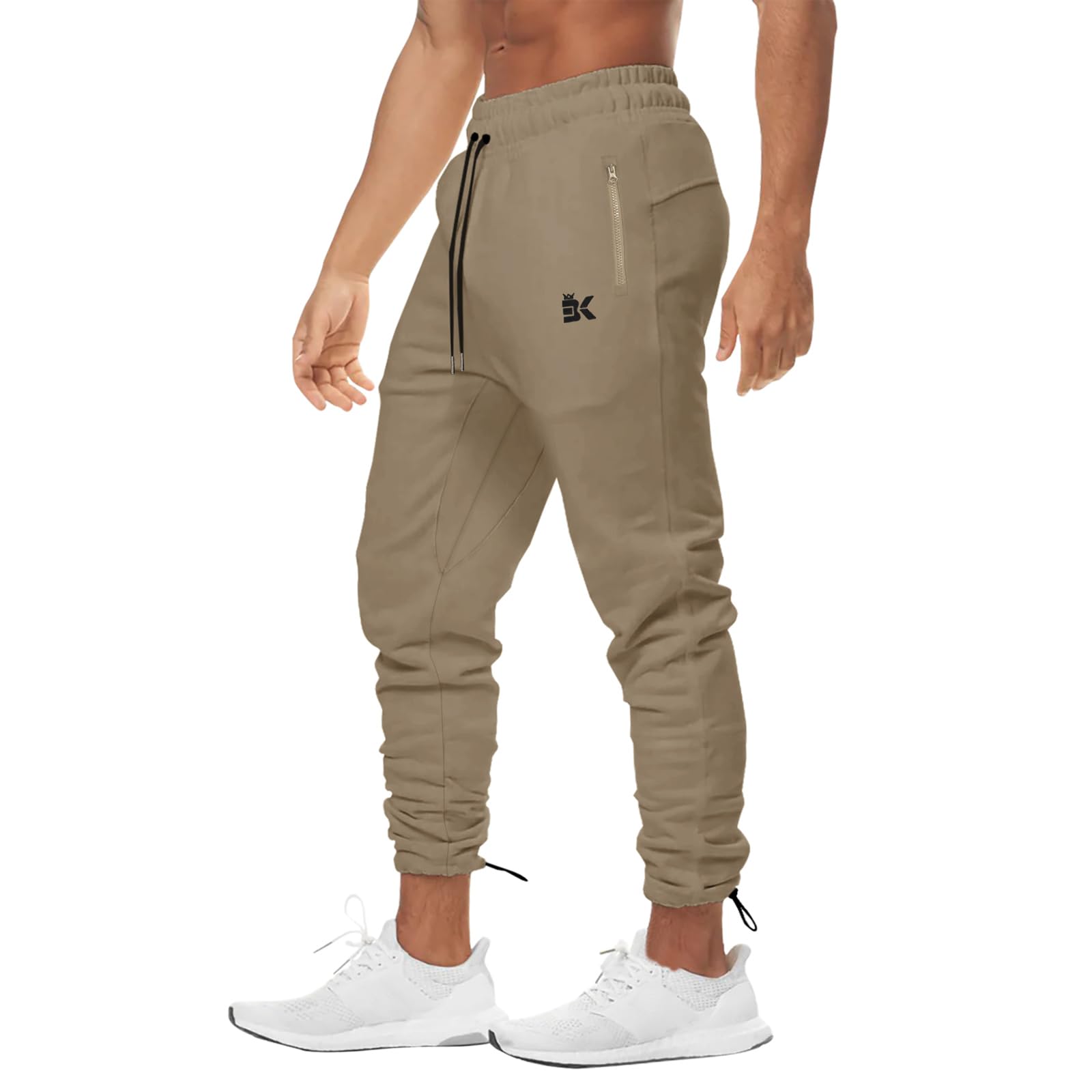 BROKIG Mens Workout Joggers Ankle Cords Gym Running Pants Athletic Sweatpants for Men with Zipper Pockets(X-Large, Beige)