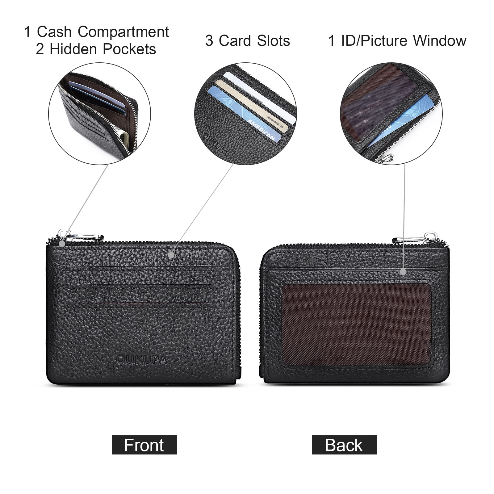 AOLUC Top Grain Genuine Leather Small Slim Mini Change Wallets for Women RFID Blocking Pocket Zipper Wallet Ladies Card Case Coin Purse with ID Window