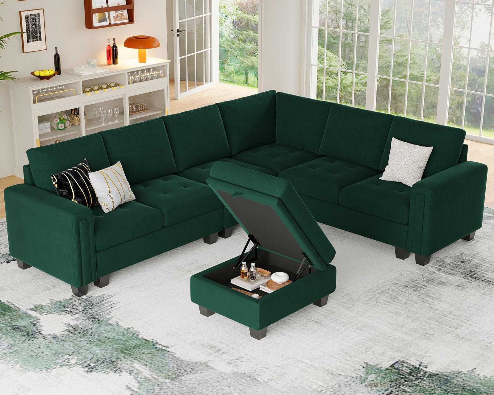 Belffin Velvet L Shaped Sofa Couch with Reversible Chaise Convertible Modular Sectional Sofa Set with Storage Ottoman Corner Sofa Set for Living Room Green