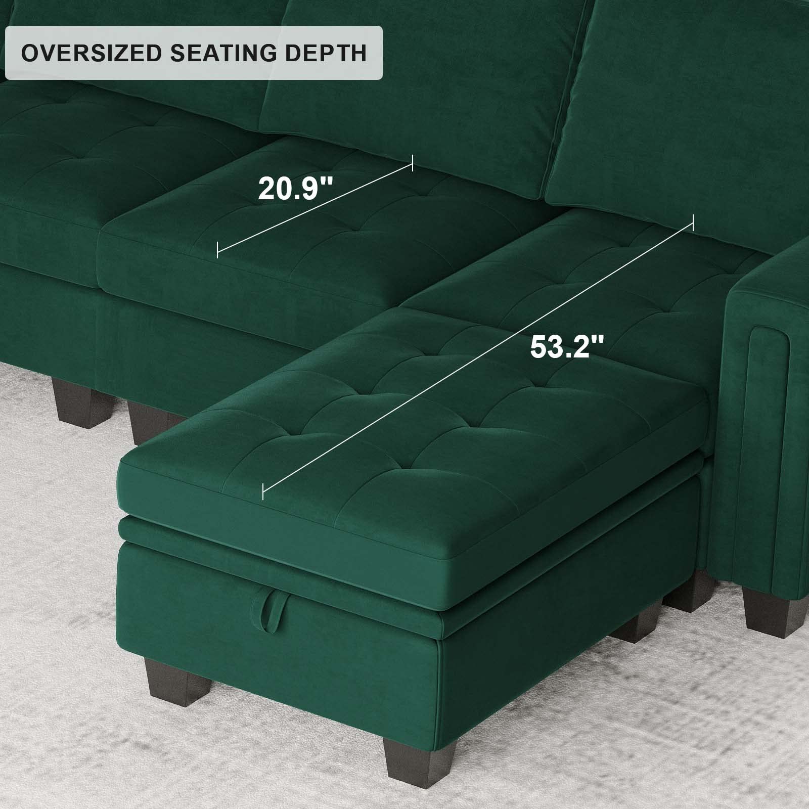 Belffin Velvet L Shaped Sofa Couch with Reversible Chaise Convertible Modular Sectional Sofa Set with Storage Ottoman Corner Sofa Set for Living Room Green