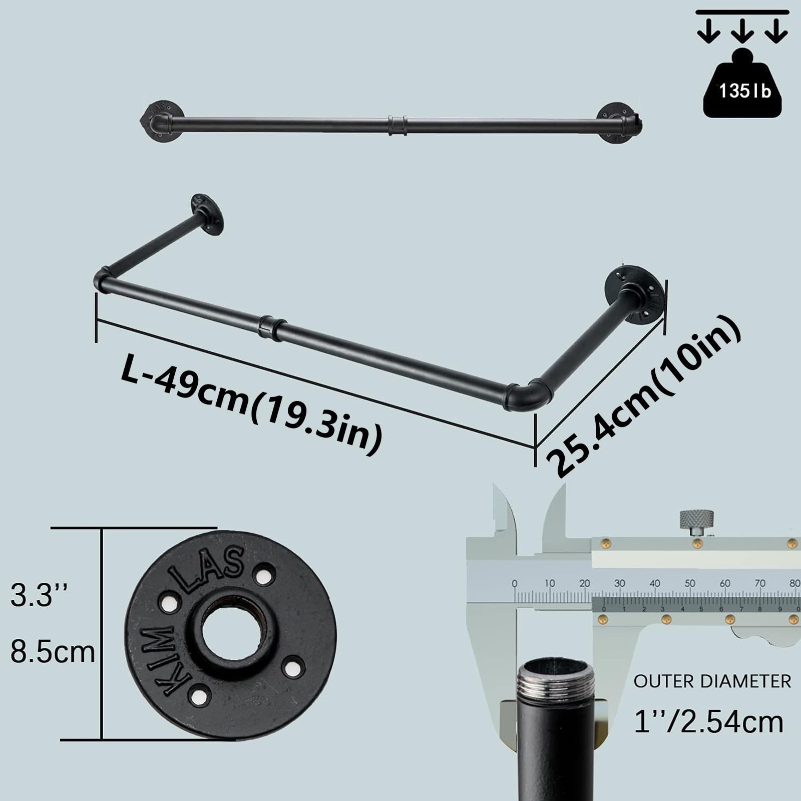 Clothes Rack, Industrial Pipe Wall Mounted Garment Rack, Heavy Duty Iron Pipe Clothing Garment Rail Multi-Purpose Detachable Hanging Clothes Shelf Hanging Rod ( Color : 2pcs , Size : L-49cm(19.3in) )