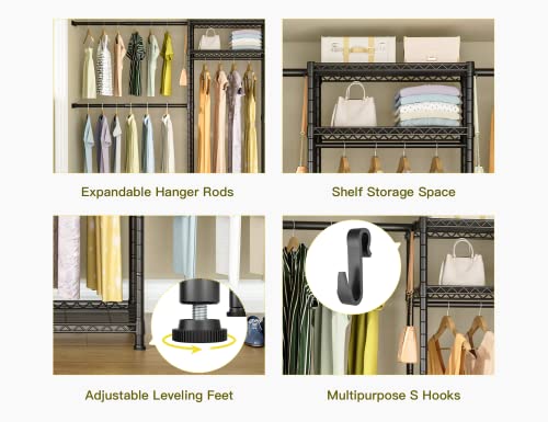 Ulif M3 Clothes Rack Closet Organizer and Storage System 3 Tiers Built-in Wall Mounted Heavy Duty Garment Rack with 4 Expandable Hanger Rods, Fits Space 4.3-9.3 ft, 72.2"H, Load Capacity 710LBS, Black