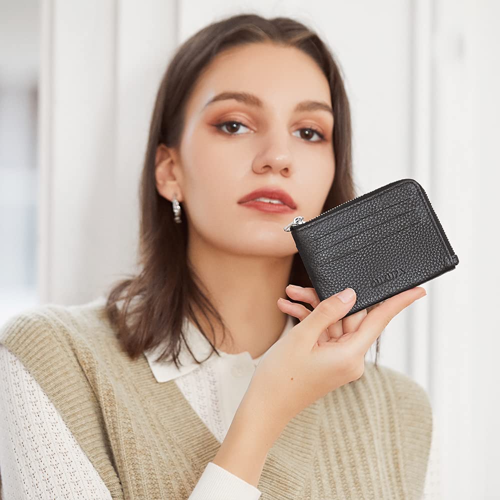 AOLUC Top Grain Genuine Leather Small Slim Mini Change Wallets for Women RFID Blocking Pocket Zipper Wallet Ladies Card Case Coin Purse with ID Window