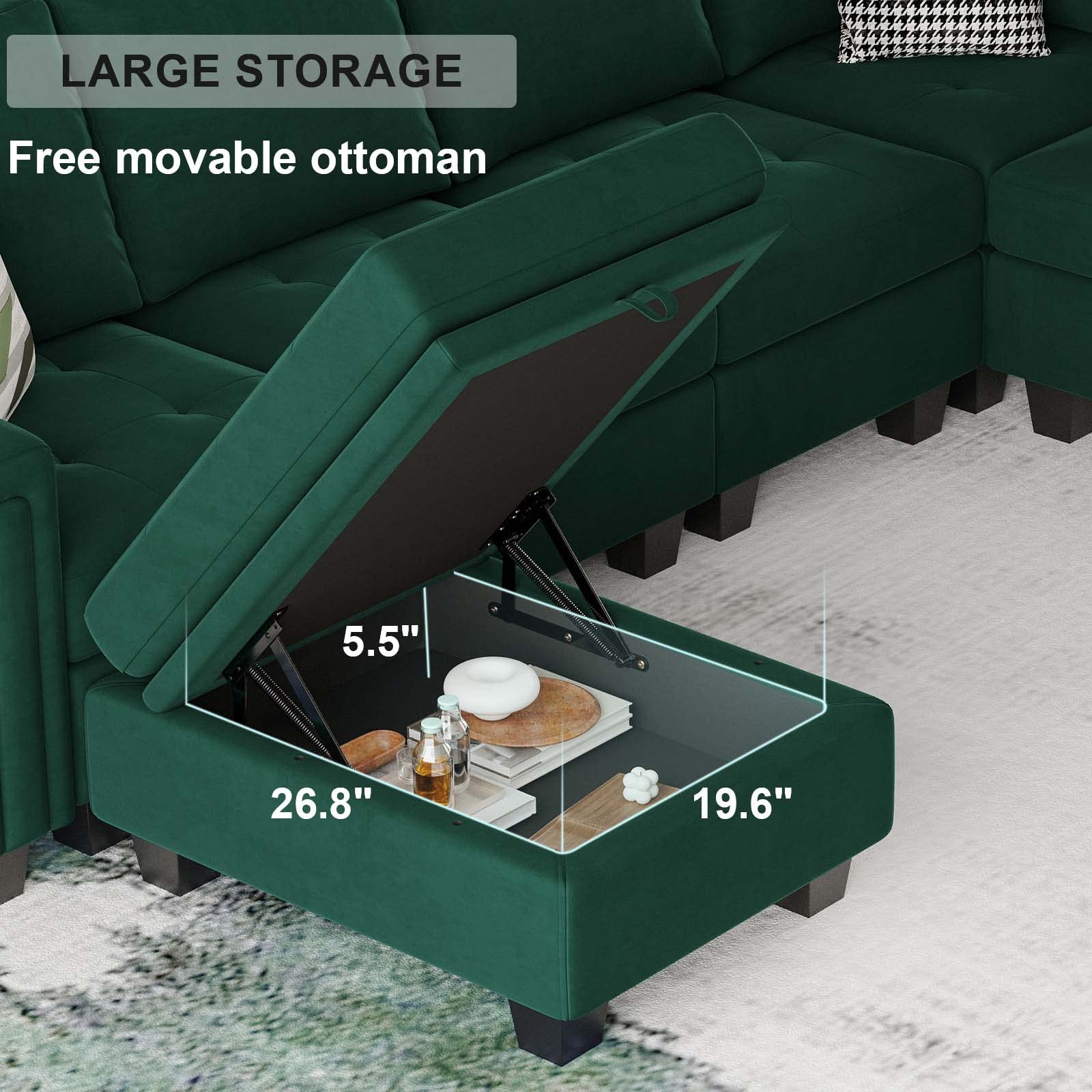 Belffin Velvet L Shaped Sofa Couch with Reversible Chaise Convertible Modular Sectional Sofa Set with Storage Ottoman Corner Sofa Set for Living Room Green