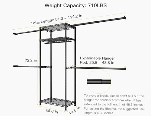 Ulif M3 Clothes Rack Closet Organizer and Storage System 3 Tiers Built-in Wall Mounted Heavy Duty Garment Rack with 4 Expandable Hanger Rods, Fits Space 4.3-9.3 ft, 72.2"H, Load Capacity 710LBS, Black
