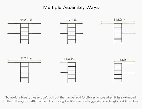 Ulif M3 Clothes Rack Closet Organizer and Storage System 3 Tiers Built-in Wall Mounted Heavy Duty Garment Rack with 4 Expandable Hanger Rods, Fits Space 4.3-9.3 ft, 72.2"H, Load Capacity 710LBS, Black