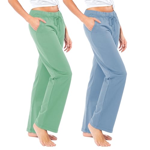 Sexy Basics Women's 2 Pack Ultra Soft French Terry Cotton Drawstring Yoga Lounge Long Pants (2 Pack- Heather Mint/Powder Blue, Small)