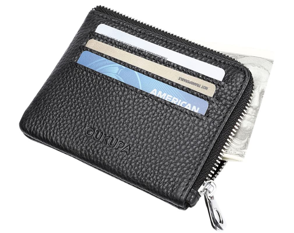 AOLUC Top Grain Genuine Leather Small Slim Mini Change Wallets for Women RFID Blocking Pocket Zipper Wallet Ladies Card Case Coin Purse with ID Window