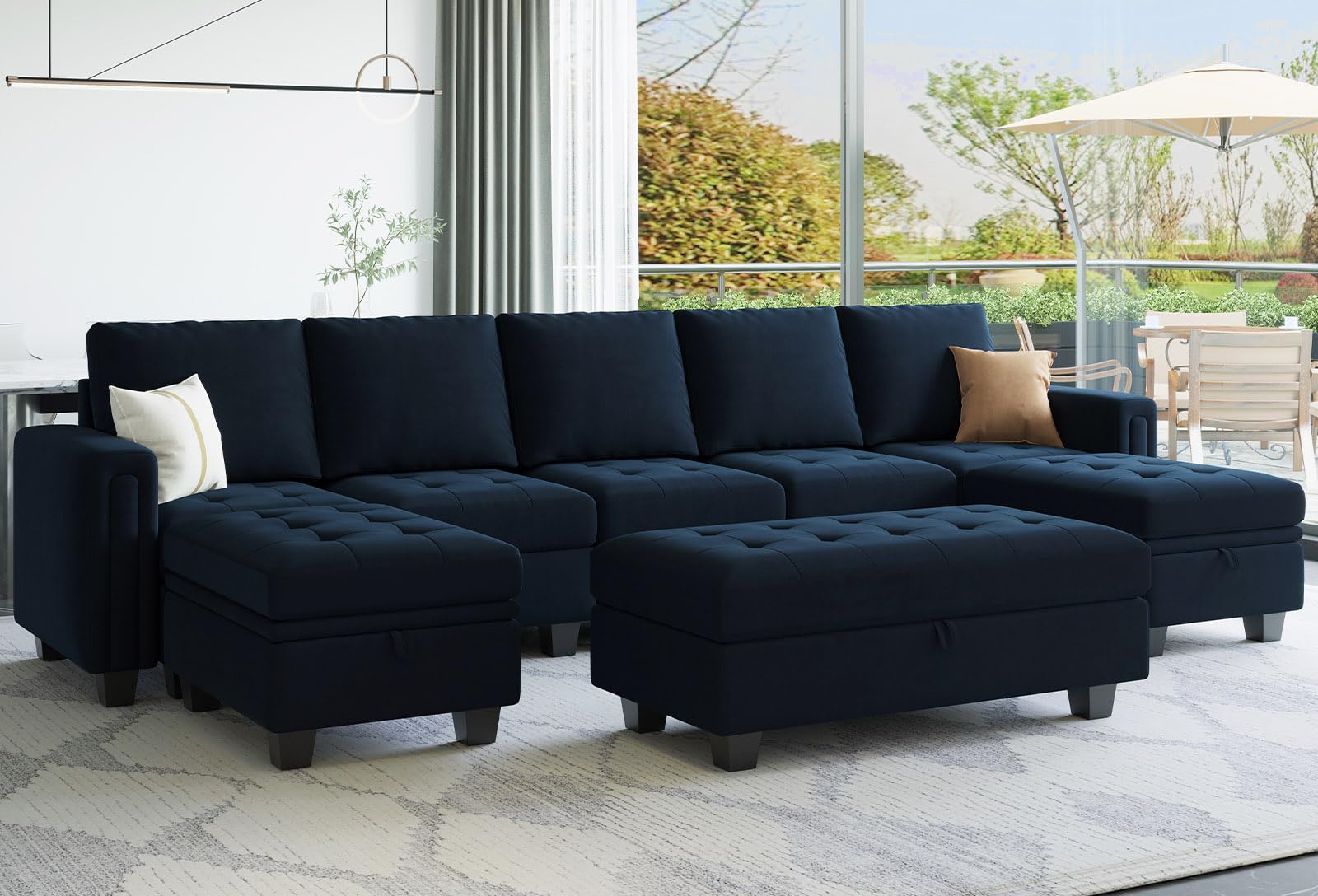 Belffin Modular Sectional Sofa Set Velvet U Shaped Sofa Set with Reversible Wide Chaise Convertible Corner Sectional Sofa Couch Set with Storage Ottoman Blue