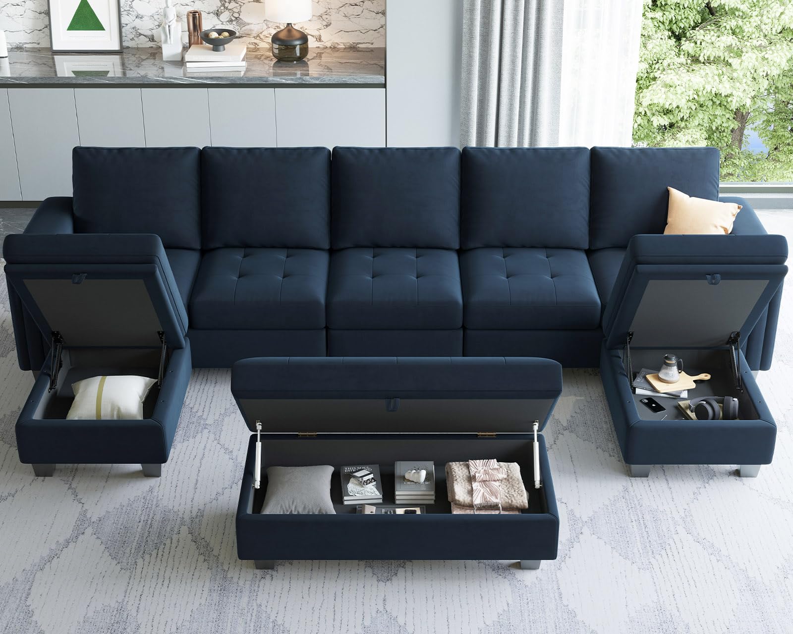 Belffin Modular Sectional Sofa Set Velvet U Shaped Sofa Set with Reversible Wide Chaise Convertible Corner Sectional Sofa Couch Set with Storage Ottoman Blue