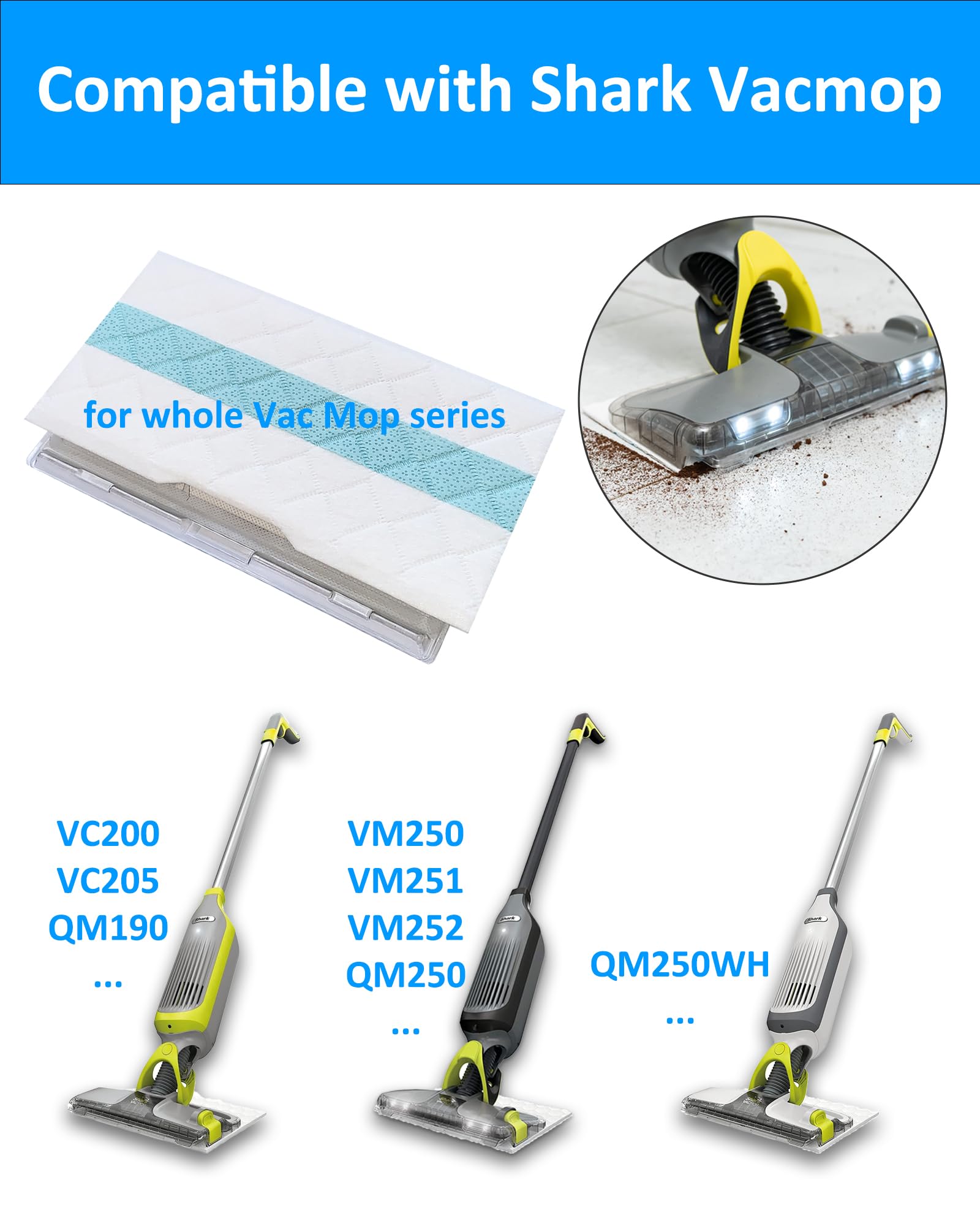 Portek Vac Mop Replacement Pads for Shark VACMOP VM252 VM250 VM200 VM190 VMP30, Upgrade Disposable Vacmop Pad Refills (10 Count, White)