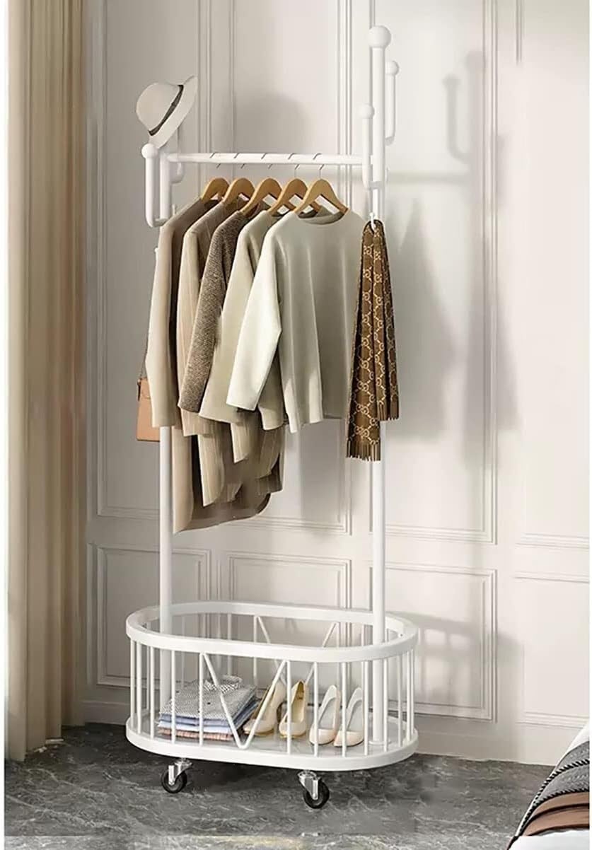 REROM 360° Wheels Free-Standing Coat Rack,with 4 Hooks Clothes Rack Garment Rail Storage Basket for Bedroom Living Room Garment Rack (Color : White, Size : 80cm)