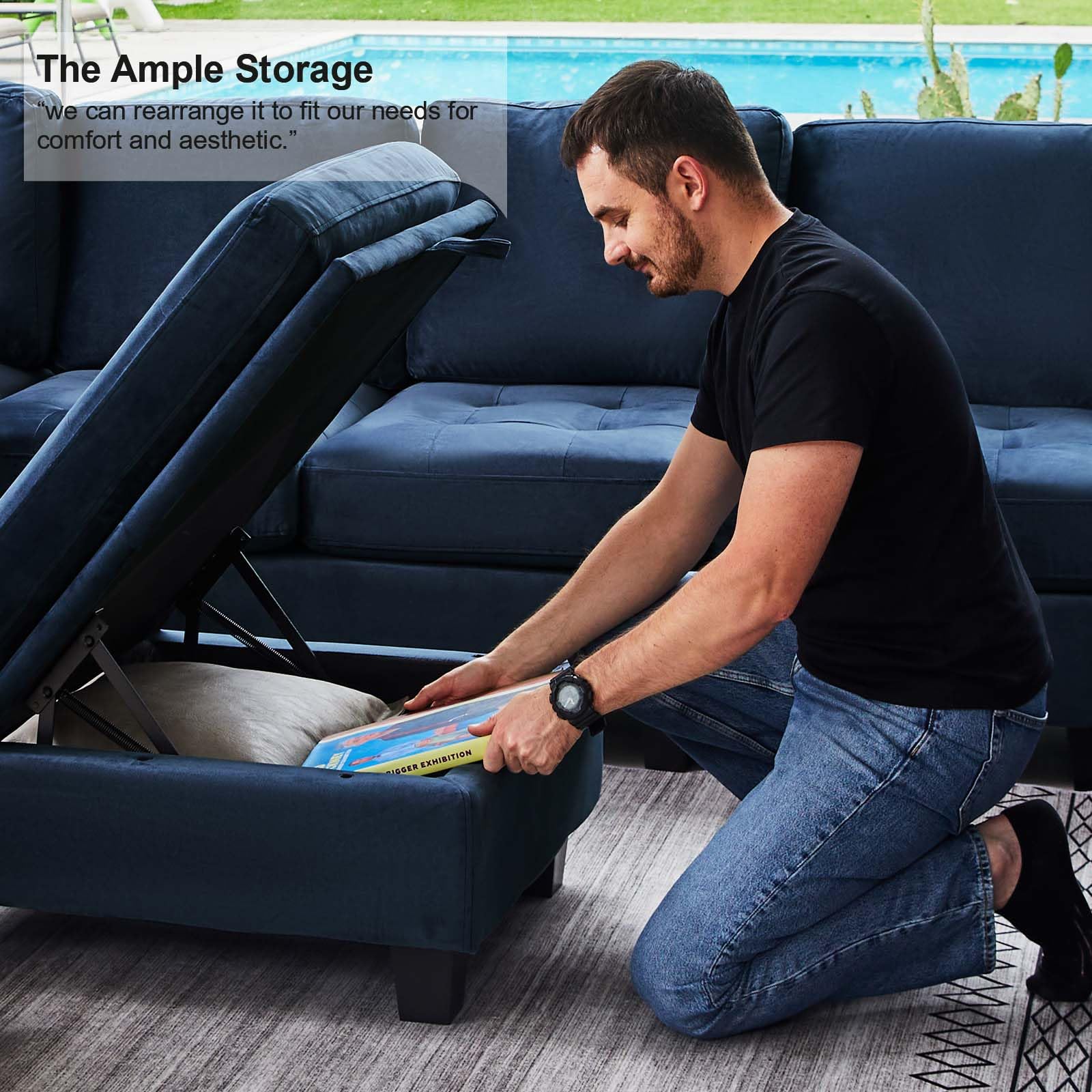Belffin Modular Sectional Sofa Set Velvet U Shaped Sofa Set with Reversible Wide Chaise Convertible Corner Sectional Sofa Couch Set with Storage Ottoman Blue