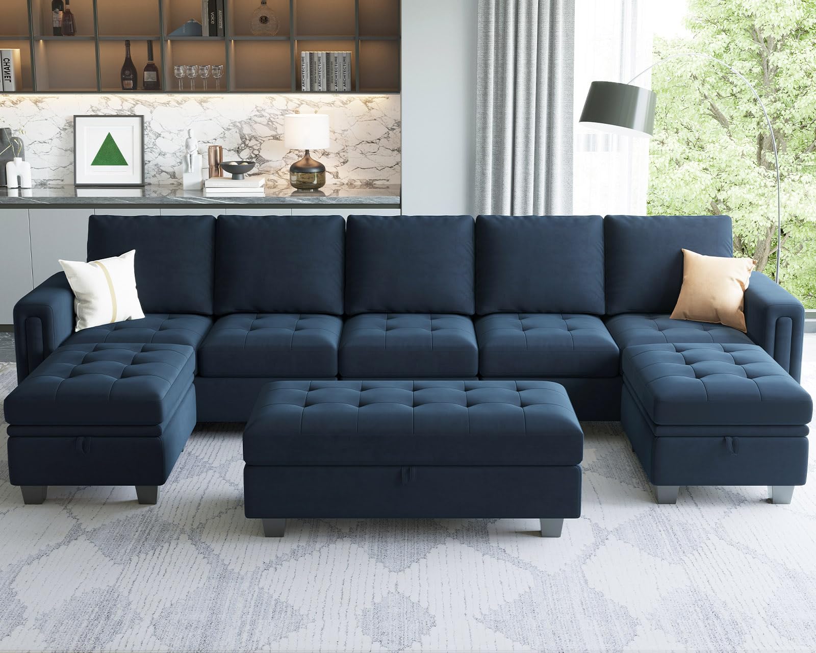 Belffin Modular Sectional Sofa Set Velvet U Shaped Sofa Set with Reversible Wide Chaise Convertible Corner Sectional Sofa Couch Set with Storage Ottoman Blue
