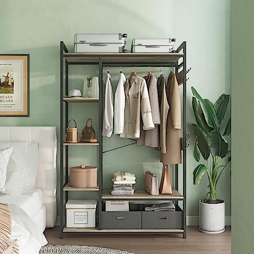 GERDIOEB Garment Organizer, Freestanding Closet Organizer, Freestanding Closet System with Open Dividers and Rails for Hanging Clothes, Sturdy Storage Closet Hangers, Bedroom Hangers (Grey)
