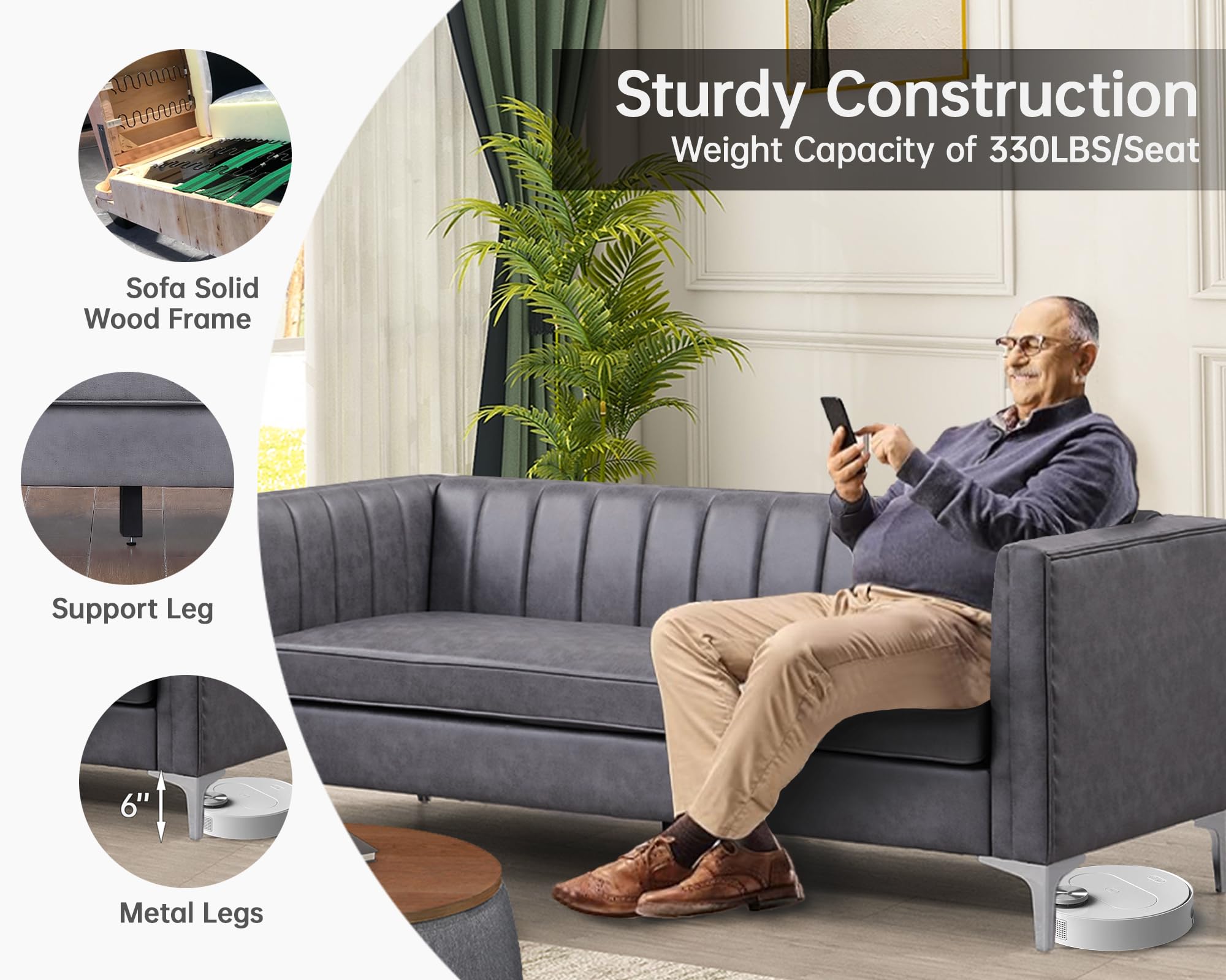 Morden Fort Living Room Chair and Sofa Couch Set, 2 Pieces of Modern Minimalist Upholstered Faux Leather Furniture with Metal Legs for Bedroom, Apartment, Lounge Room Grey