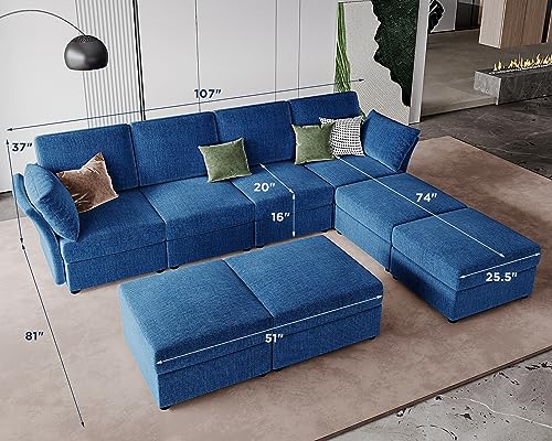 Amerlife Sectional Sofa, Convertible Sofa- Modular Sectional Sofa, 8 Seats U Shaped sectional with Ottomans, Reversible Sofa Couch for Living Room, Blue Linen