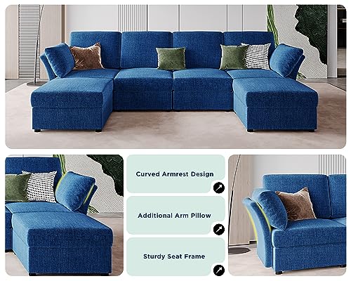 Amerlife Sectional Sofa, Convertible Sofa- Modular Sectional Sofa, 8 Seats U Shaped sectional with Ottomans, Reversible Sofa Couch for Living Room, Blue Linen