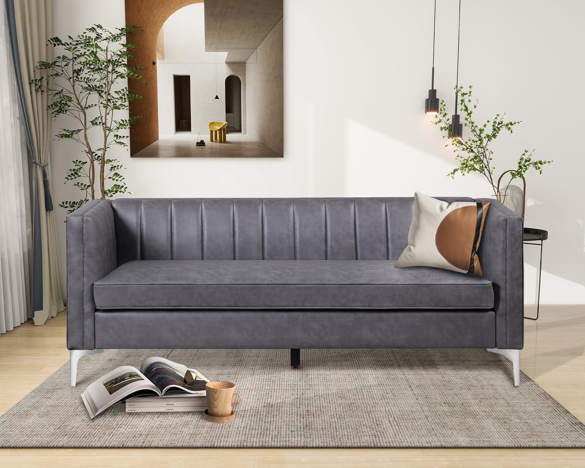 Morden Fort Living Room Chair and Sofa Couch Set, 2 Pieces of Modern Minimalist Upholstered Faux Leather Furniture with Metal Legs for Bedroom, Apartment, Lounge Room Grey