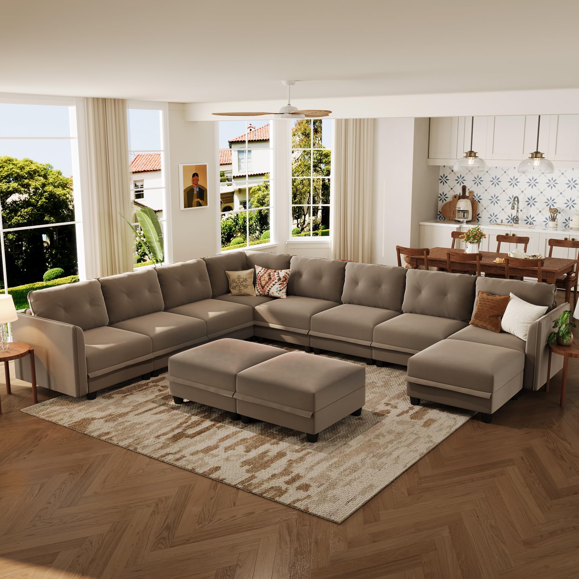 LLappuil Modular Sectional Sofa with Storage Oversized U Shaped Couch with Reversible Chaise Velvet Waterproof Anti-Scratch Sofas for Living Room 9 Seats with 2 Ottomans Grey Brown