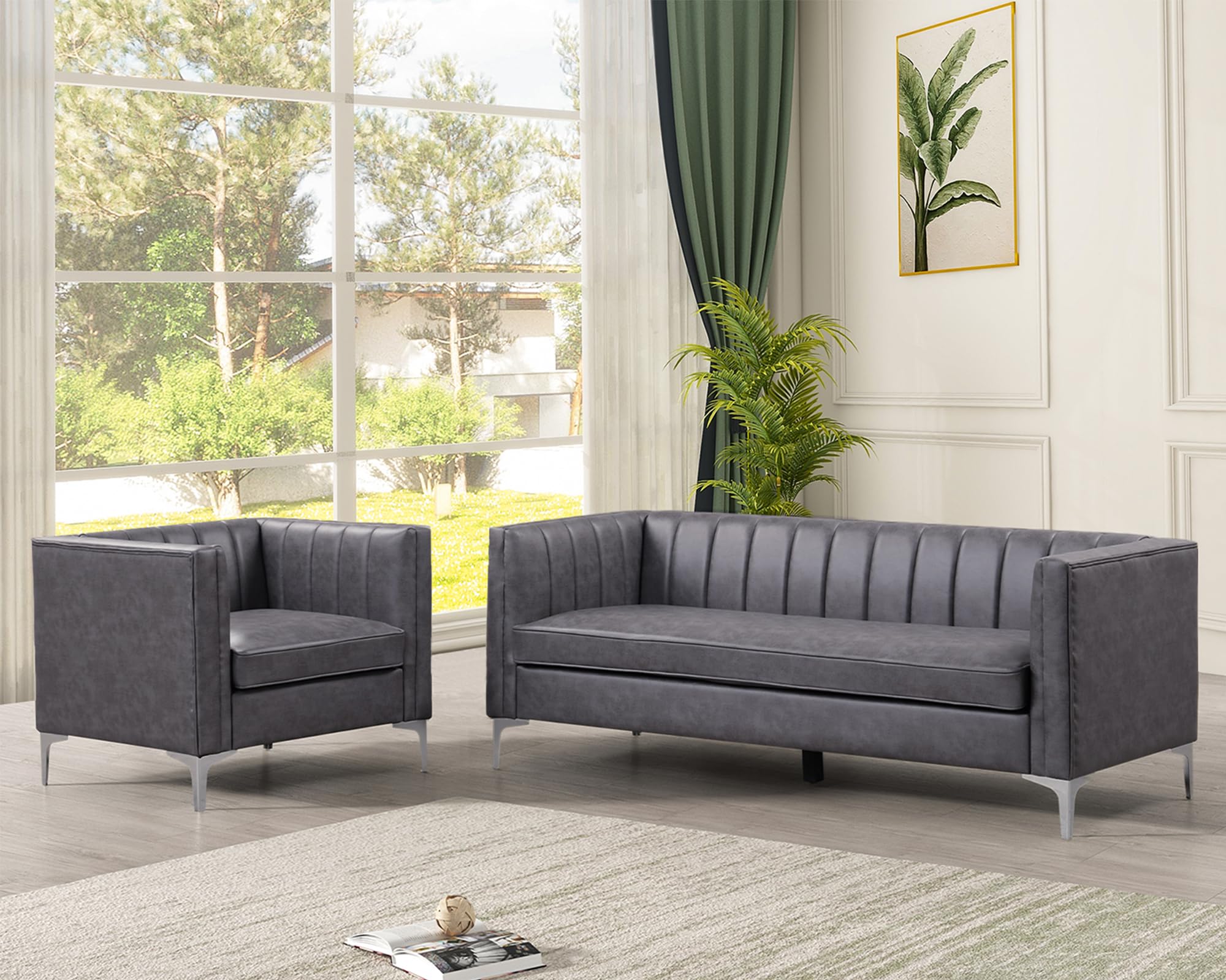 Morden Fort Living Room Chair and Sofa Couch Set, 2 Pieces of Modern Minimalist Upholstered Faux Leather Furniture with Metal Legs for Bedroom, Apartment, Lounge Room Grey