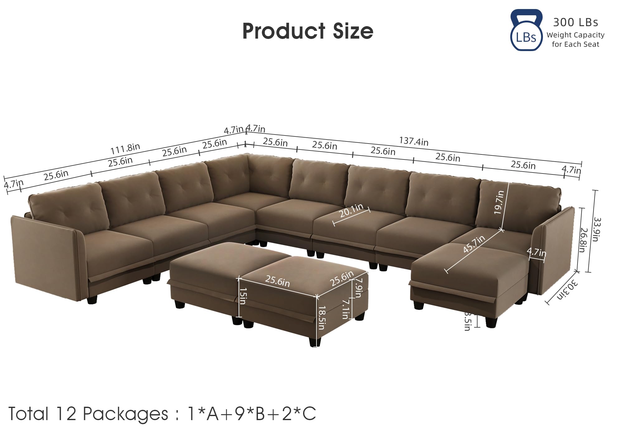 LLappuil Modular Sectional Sofa with Storage Oversized U Shaped Couch with Reversible Chaise Velvet Waterproof Anti-Scratch Sofas for Living Room 9 Seats with 2 Ottomans Grey Brown