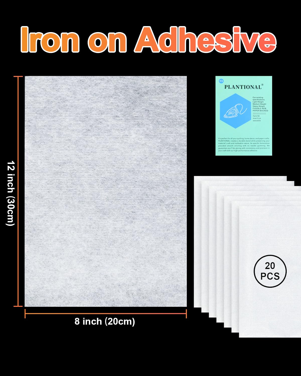 PLANTIONAL Light Weight Fusible Bonding Web: 20 Sheets (8" x 12") Fusible Webbing for Fabric Applique DIY Crafts Supplies