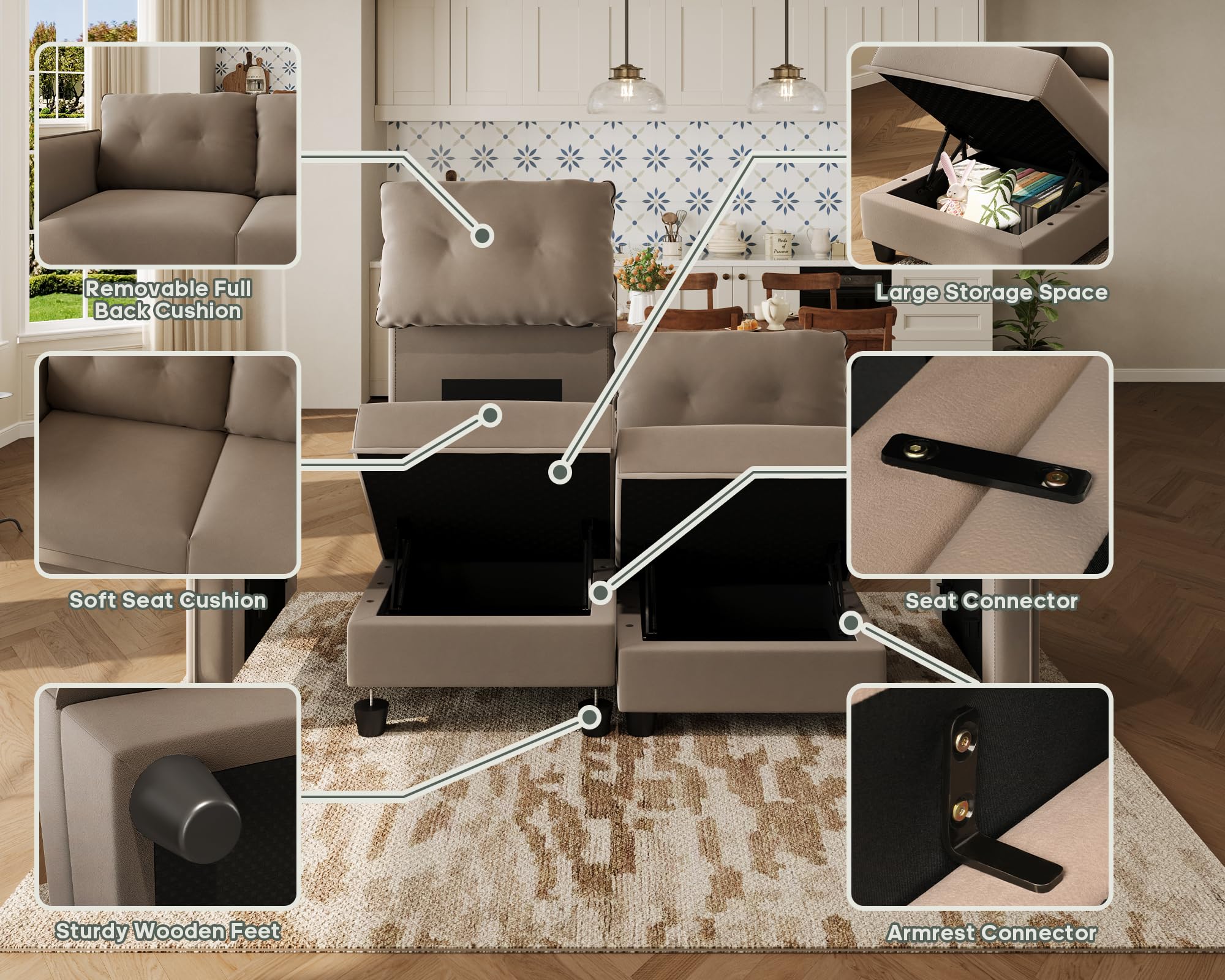 LLappuil Modular Sectional Sofa with Storage Oversized U Shaped Couch with Reversible Chaise Velvet Waterproof Anti-Scratch Sofas for Living Room 9 Seats with 2 Ottomans Grey Brown