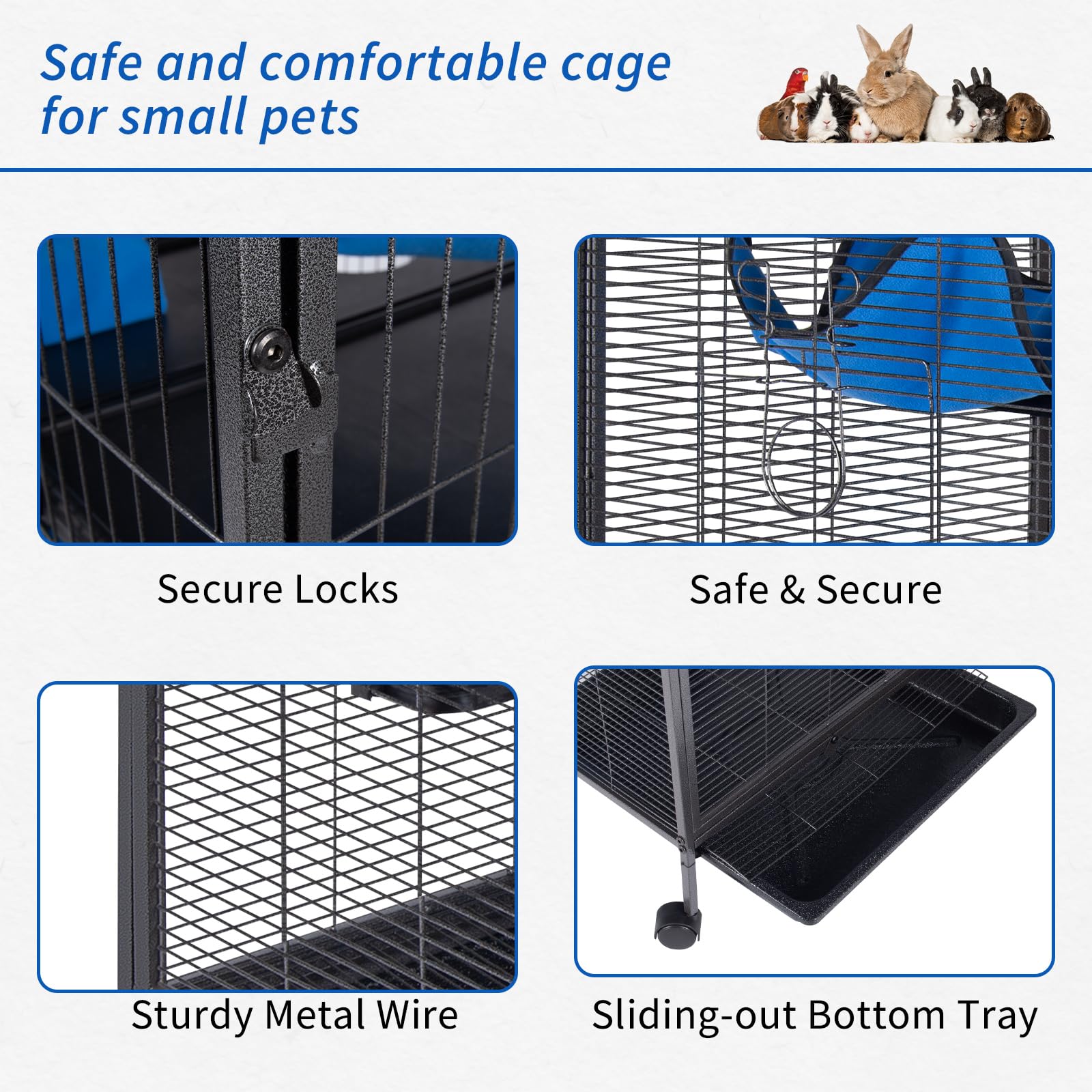 4 Tier Steel Deluxe Small Animal Pet Cage Kit for Guinea Pig Ferret Little Rabbit with Wheels Brakes Hammock 4 Platforms Removable Tray and Ladder with Flannel