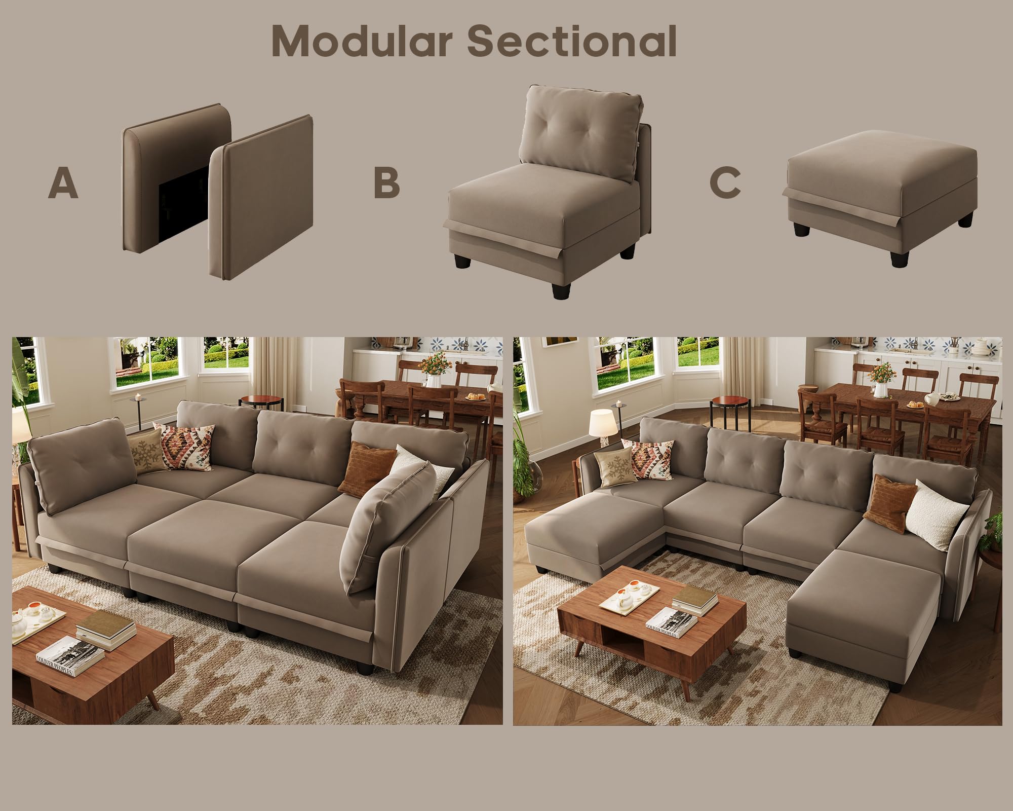 LLappuil Modular Sectional Sofa with Storage Oversized U Shaped Couch with Reversible Chaise Velvet Waterproof Anti-Scratch Sofas for Living Room 9 Seats with 2 Ottomans Grey Brown