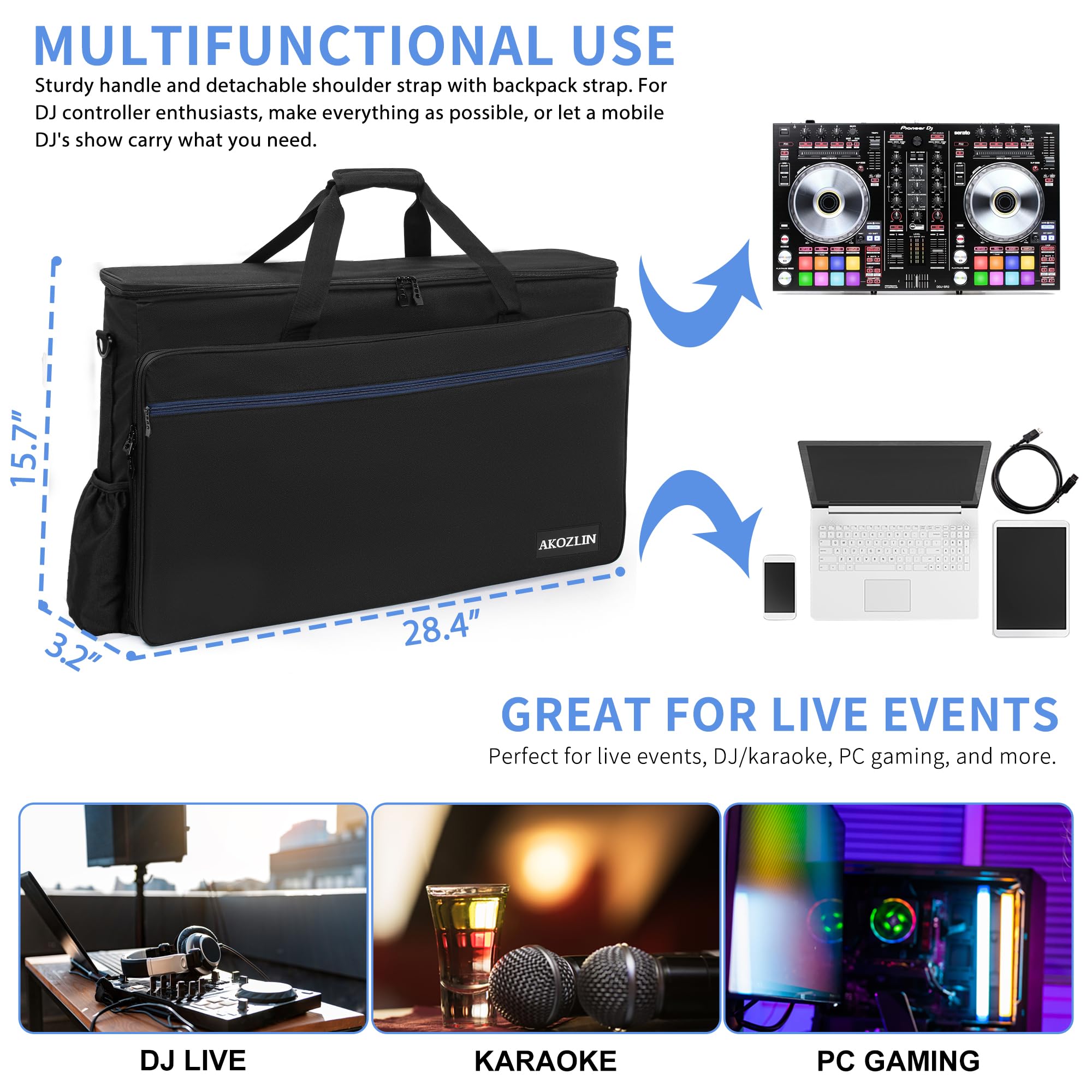AKOZLIN Padded DJ Mixer Gig Bag Controller Travel Shoulder Bag Fits for Pioneer RX/NI Traktor Kontrol S8/DDJ SX SX2 SX3/DDJ 800/DDJ FLX6/DDJ1000 1000SRT/MC7000