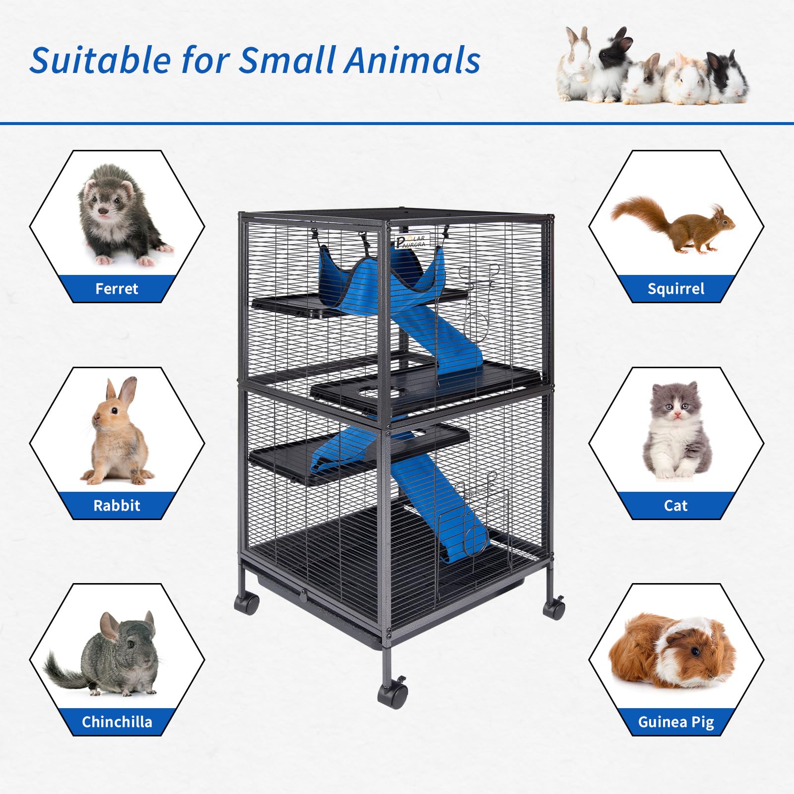 4 Tier Steel Deluxe Small Animal Pet Cage Kit for Guinea Pig Ferret Little Rabbit with Wheels Brakes Hammock 4 Platforms Removable Tray and Ladder with Flannel