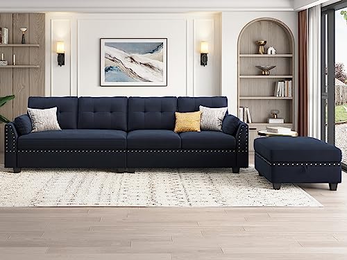 HONBAY Velvet Sectional Sofa L Shaped Couch Reversible Sectional Couch Sofa for Small Space,Dark Blue