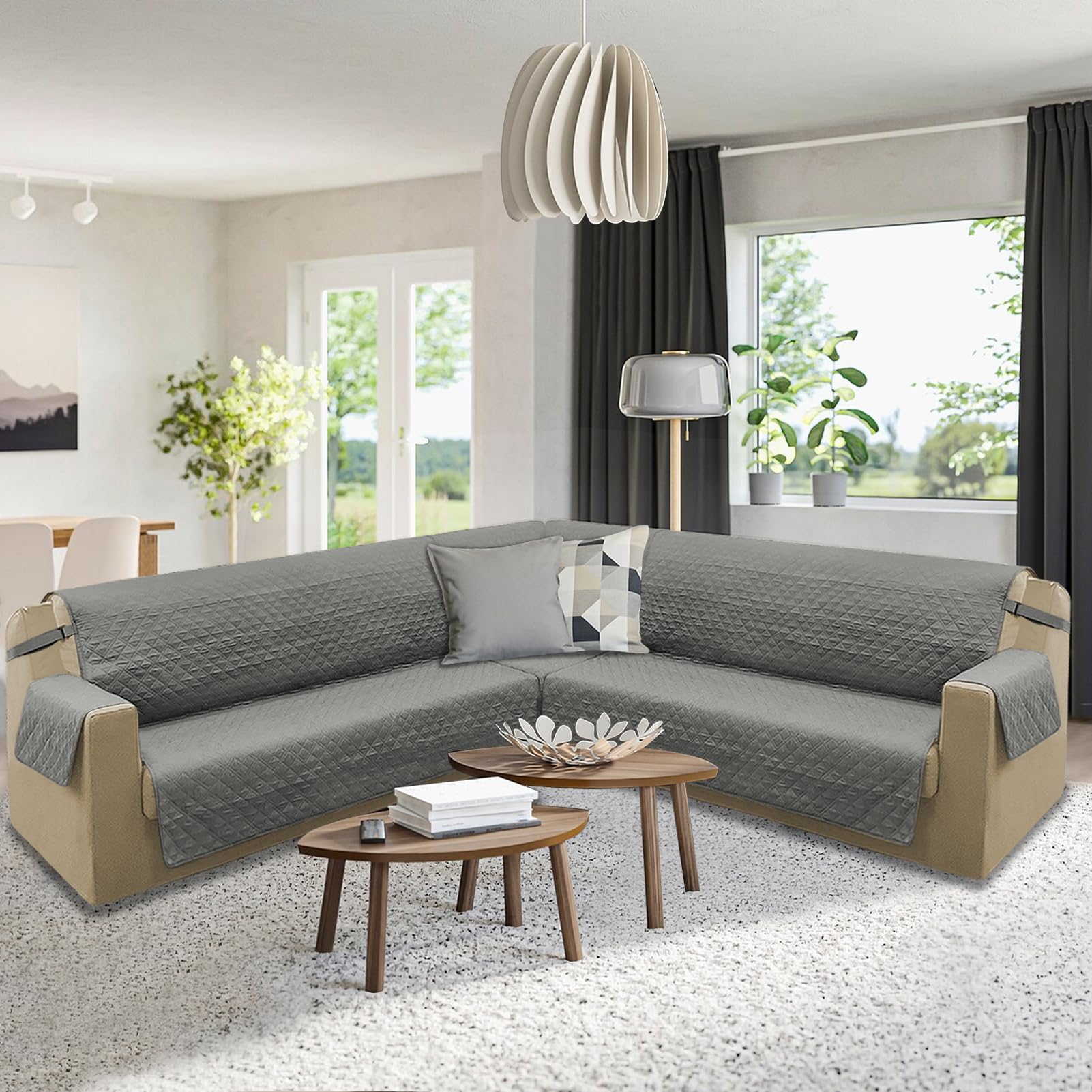 ALIECOM 100% Dual Waterproof Corner Sectional Couch Covers L Shape 3 Piece L Shaped Sectional Sofa Cover for Dogs Pets Living Room U Sectional Slipcovers Set Washable Slip Covers (Dark Gray, Large)