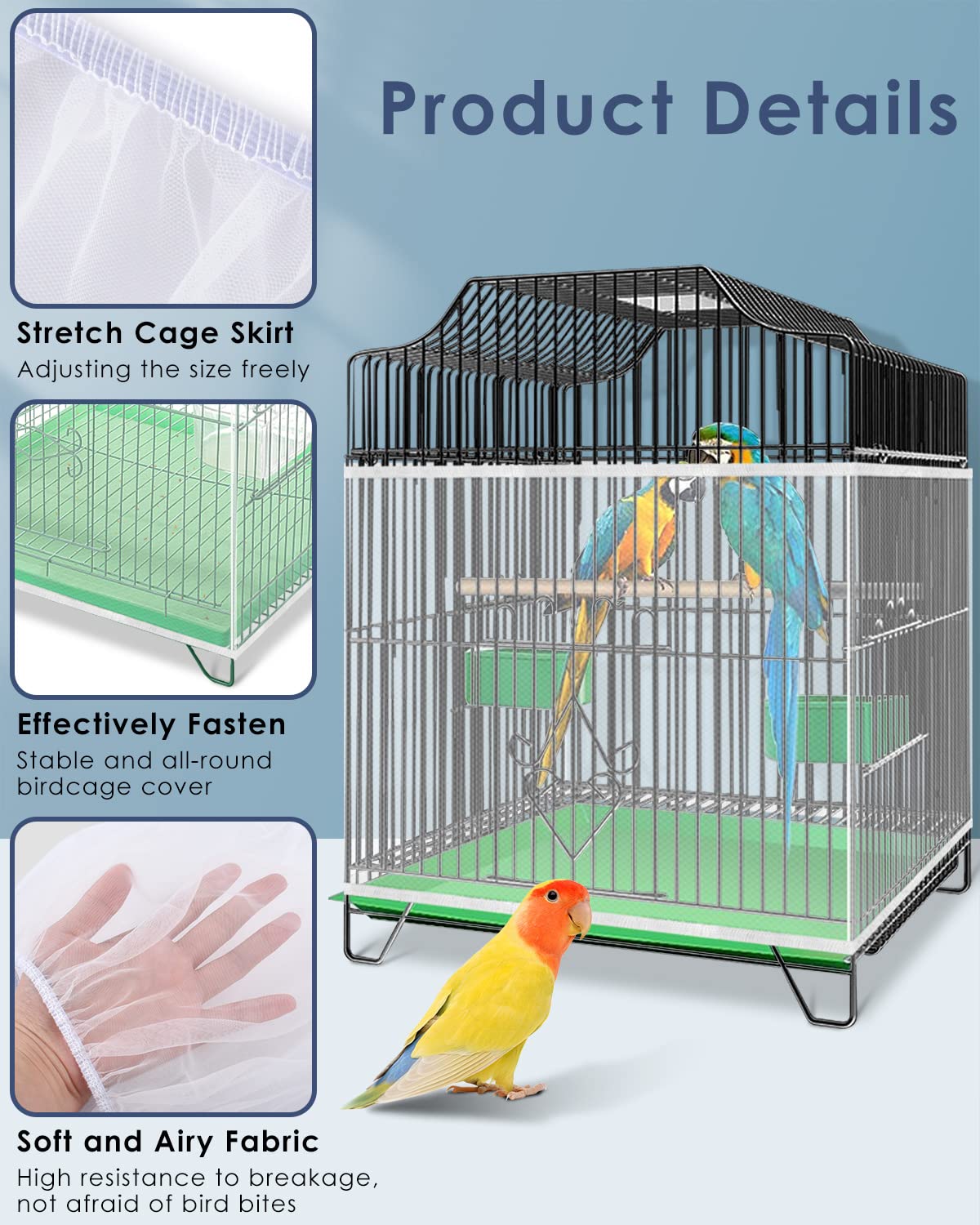 Bissap Bird Cage Seed Catcher, 59-90'' Universal Birdcage Net Nylon Adjustable Elastic Band Stretchy Skirts Mesh Cover for Parrot Cage Seed Guard (Not Include Birdcage)- White