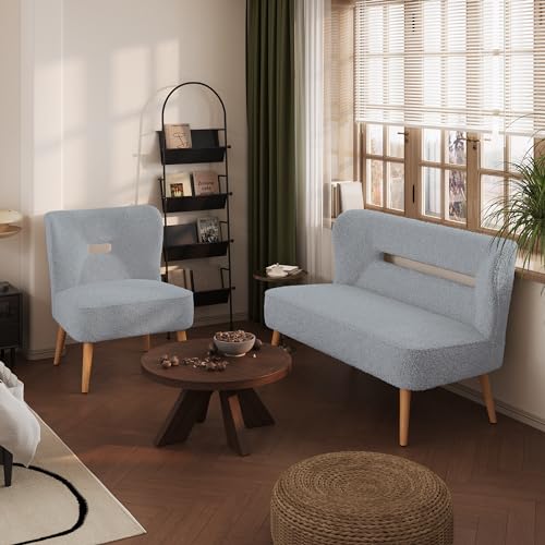 Fahomiss Cream Couch- Sofa Teddy Sectional Loveseat Comfortable Suitable for Living Room Bedroom Office Apartment Small Space Lounge 46.5" W (Blue loveseat)