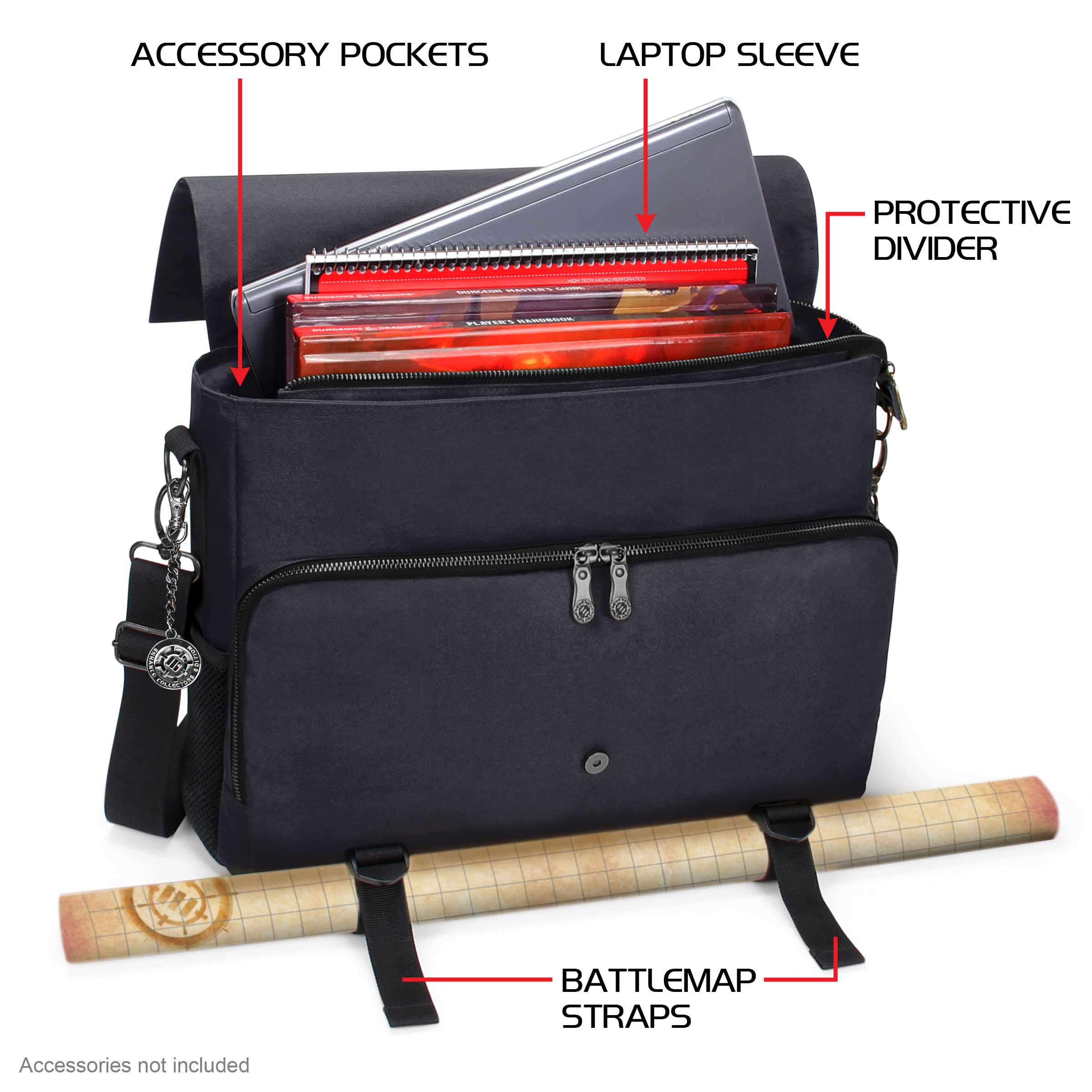 ENHANCE Collector's Edition RPG Player's Essentials DnD Bag - Dragon Hide Exterior Messenger Bag Fits 2-4 Books, Binders, Dice & Accessories, with 17 inch Laptop Slot, Battlemap Straps (Dragon Black)