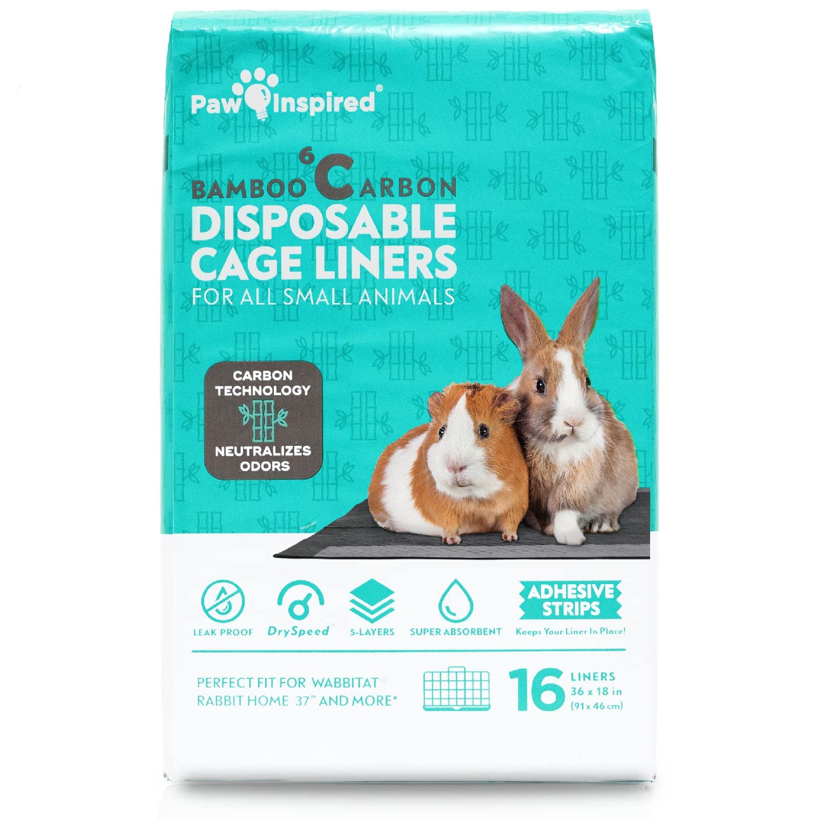Paw Inspired Disposable Guinea Pig Cage Liners | Bamboo Charcoal Odor Controlling | Super Absorbent Liners Pee Pads for Ferrets, Rabbits, Hamsters, and Small Animals (36x18 (Wabbitat 37") - 16 ct)