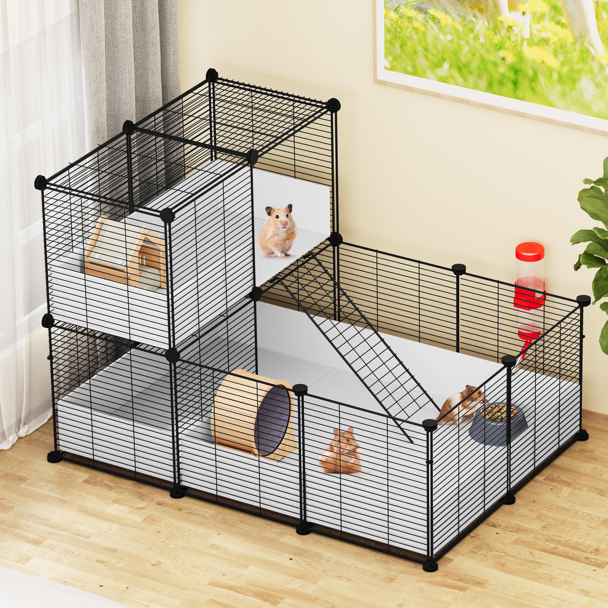 YITAHOME Guinea Pig Cage, Indoor C&C Small Animal Cage with Waterproof Plastic Liner, Loft and Partition for Bunny, Chinchilla and Hamster, Habitat Fence Playpen with 25PCS Pannels