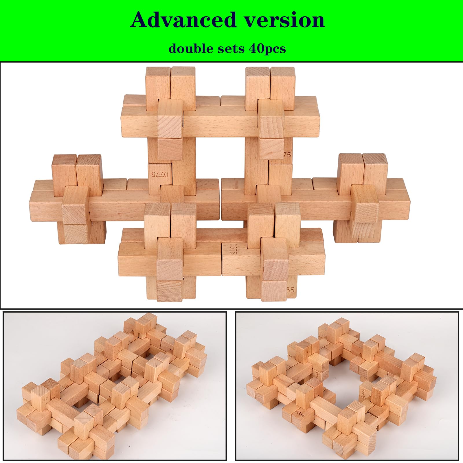 Onietoiy Difficult 20pcs DIY Wooden Brain Teaser Puzzle Toy 9 Types Assembly Building Blcok Games 94 Methods Challenge IQ Lock Toys 3D Brainteaser Educational Puzzles Unique Gift for Kids and Adults