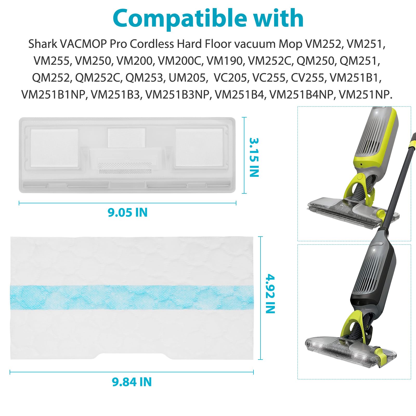 Extolife Vac Mop Pads Refills Replacement for Shark Vacmop VM252 VM251 VM200 VM200C VM190 VM252C QM250 VM250 VC205 Vacuum Mops, 40 Pack Disposable Mop Pads and 20 Pack Dirt Chambers (40 Pack)