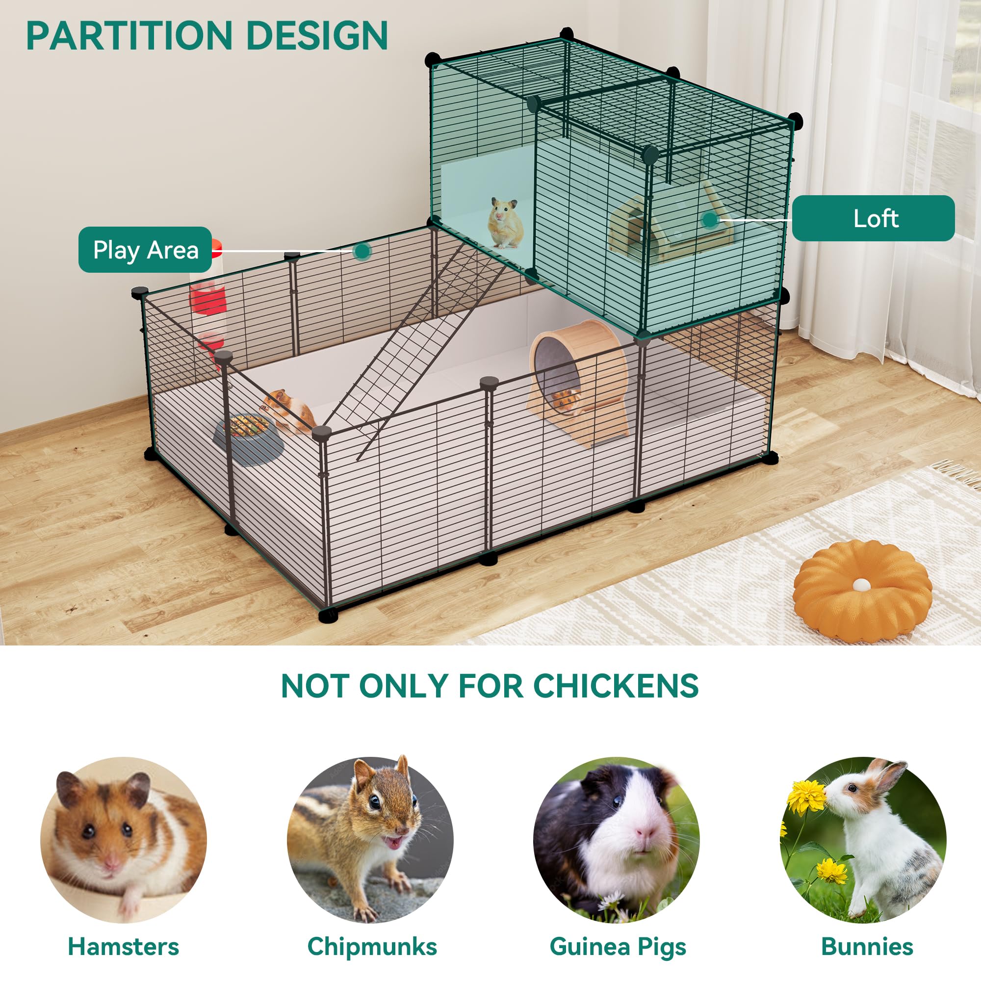 YITAHOME Guinea Pig Cage, Indoor C&C Small Animal Cage with Waterproof Plastic Liner, Loft and Partition for Bunny, Chinchilla and Hamster, Habitat Fence Playpen with 25PCS Pannels