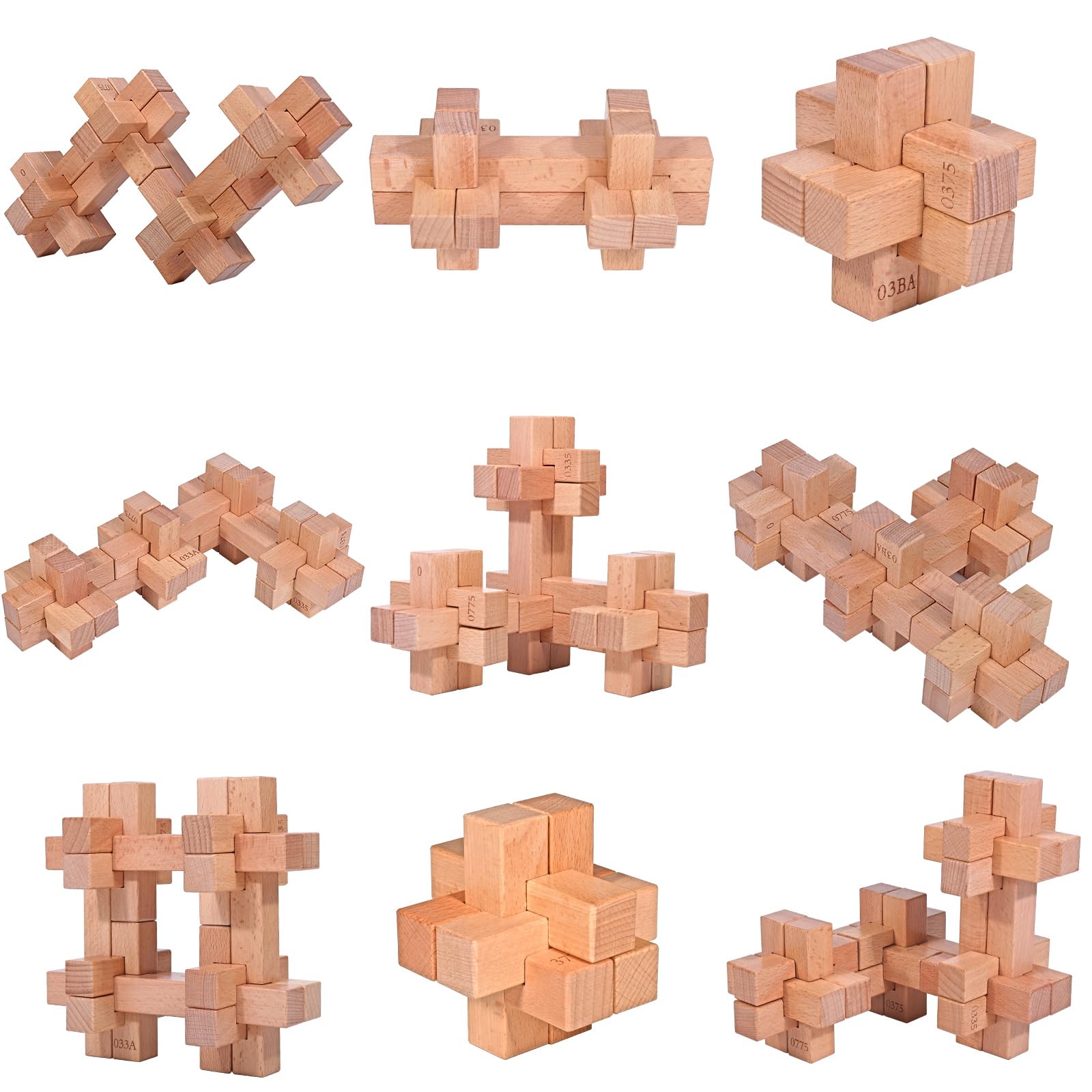Onietoiy Difficult 20pcs DIY Wooden Brain Teaser Puzzle Toy 9 Types Assembly Building Blcok Games 94 Methods Challenge IQ Lock Toys 3D Brainteaser Educational Puzzles Unique Gift for Kids and Adults