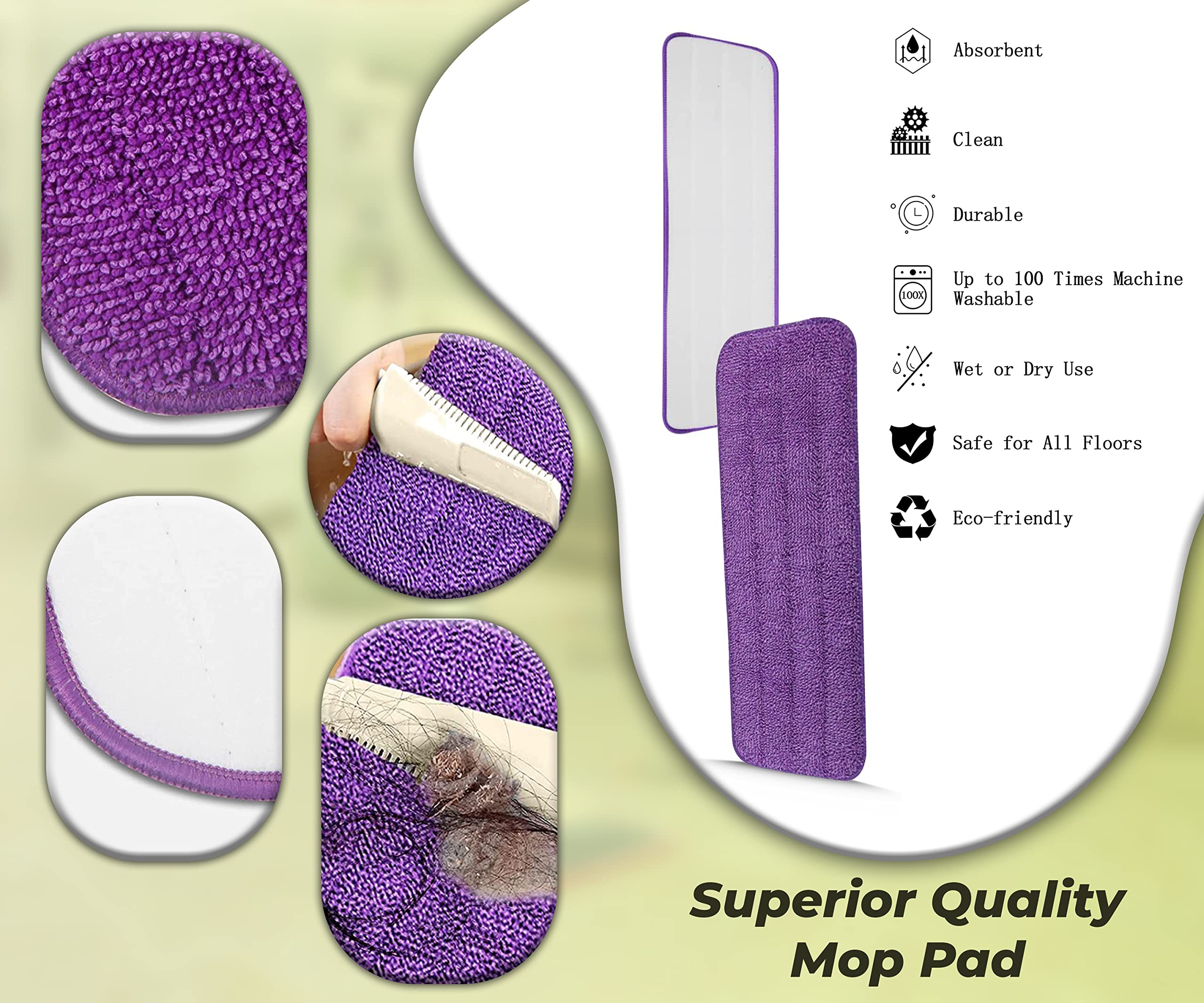 ARSUK Spray Mop Refill Pads Microfiber Replacement Heads Premium Wet/Dry Flat Mop Floor Cleaning Machine Washable Reusable 16 x 5.5 inches ( 3 Pack Purple)