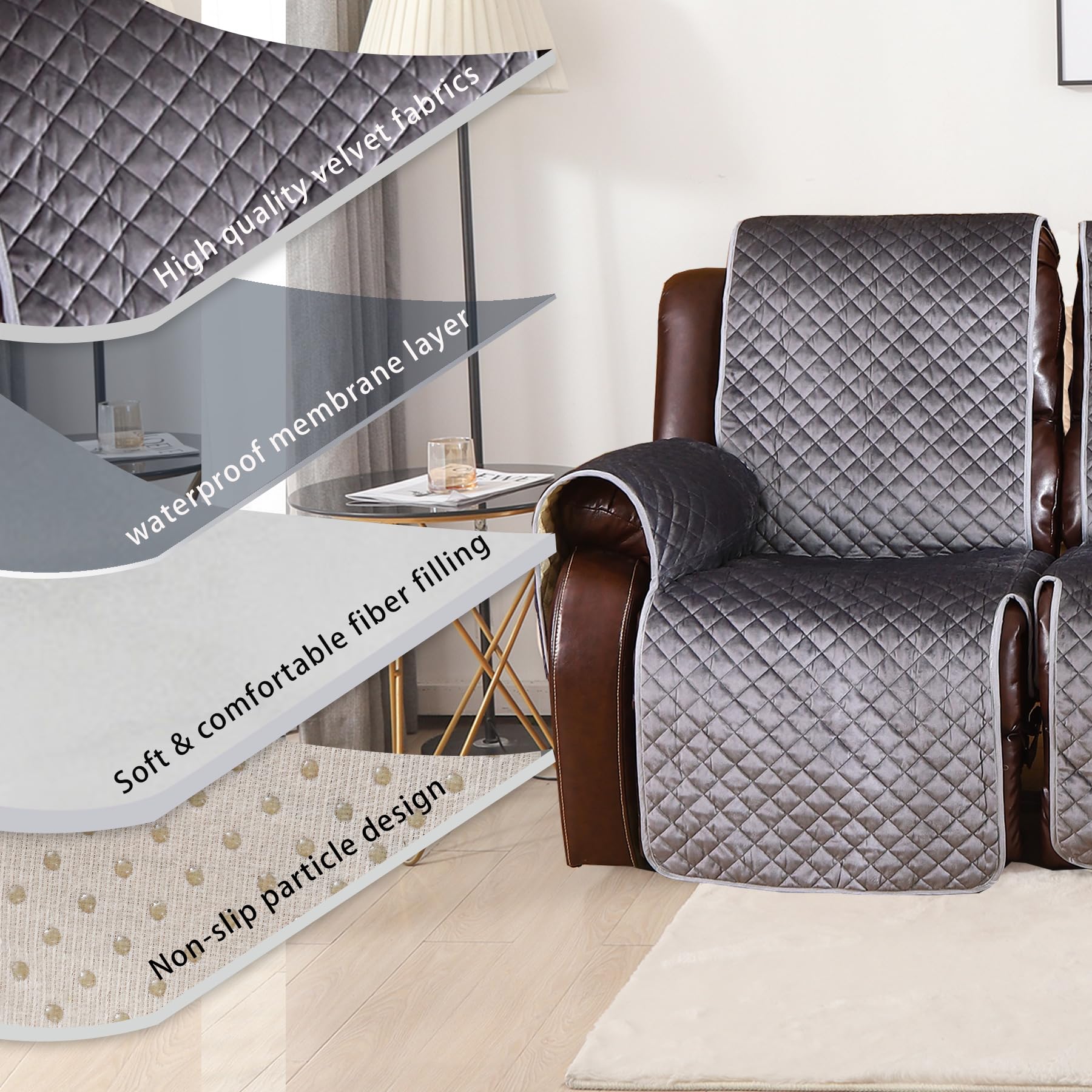 LUFEIJIASHI Non Slip Recliner Couch Covers for 3 Cushion Couch Sofa Reclining, Waterproof Recliner Sofa Covers 3 Seat, Velvet Reclining Couch Covers for Furniture Protector for Dogs Pets Dark Grey