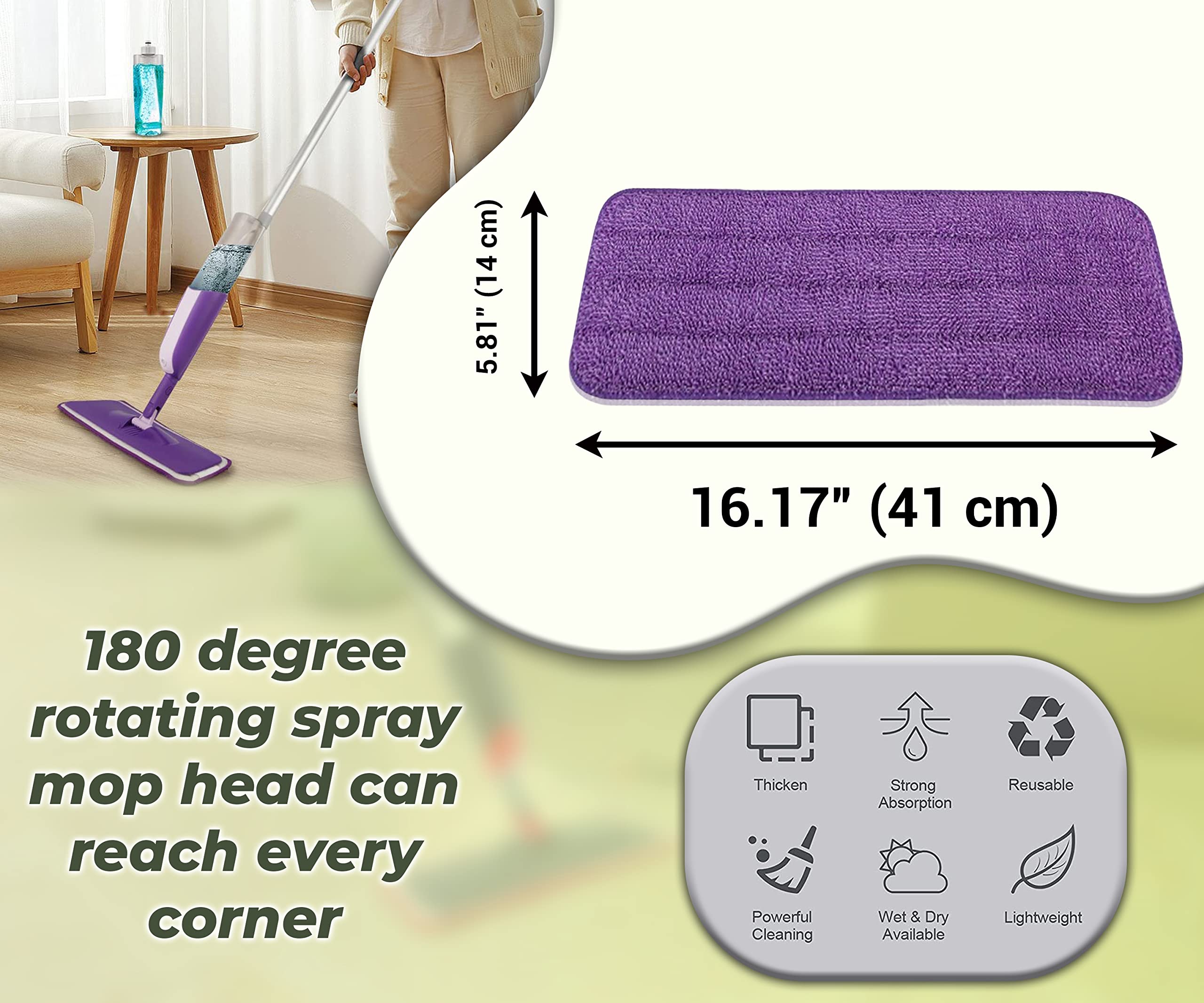 ARSUK Spray Mop Refill Pads Microfiber Replacement Heads Premium Wet/Dry Flat Mop Floor Cleaning Machine Washable Reusable 16 x 5.5 inches ( 3 Pack Purple)