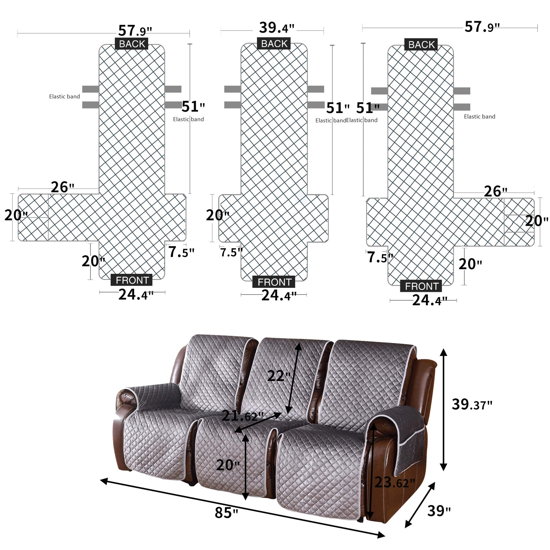 LUFEIJIASHI Non Slip Recliner Couch Covers for 3 Cushion Couch Sofa Reclining, Waterproof Recliner Sofa Covers 3 Seat, Velvet Reclining Couch Covers for Furniture Protector for Dogs Pets Dark Grey