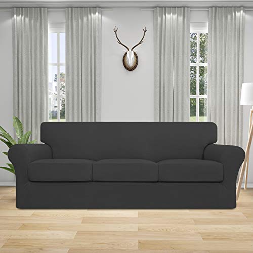 Easy-Going Couch Cover, Stretch Sofa Cover with 3 Cushion Covers, Washable Spandex Jacquard Fabric, Elastic Furniture Protector for Pets, Kid (Large, Dark Gray)